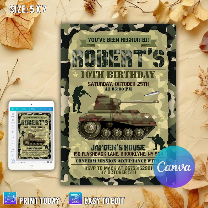 Editable Army Birthday Invitation, Military Party Invitations, Soldier ...
