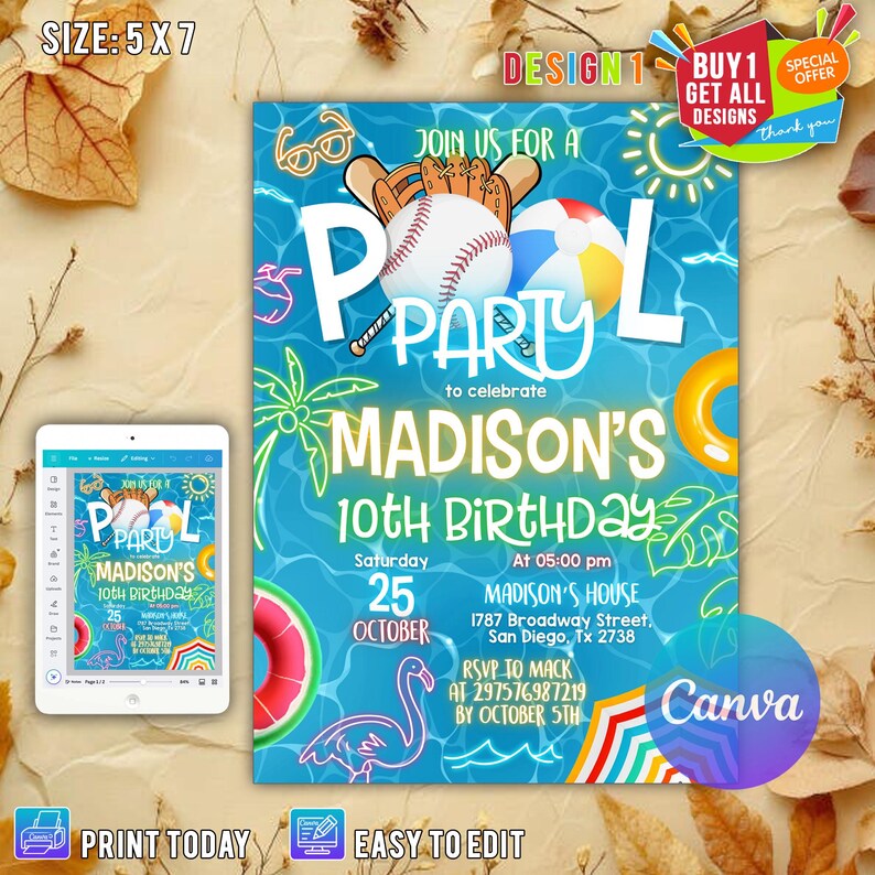 Baseball Pool Party Baseball Invitation, Baseball Pool Party Invitation ...