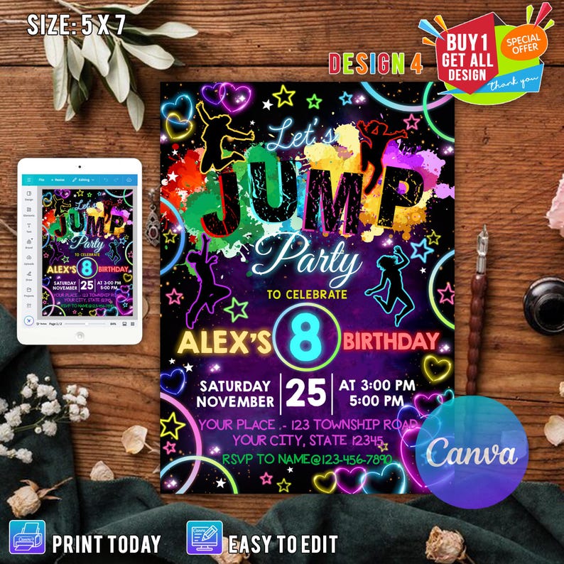 Editable Jump Birthday Party Invitation Tie Dye Jump Birthday Party ...