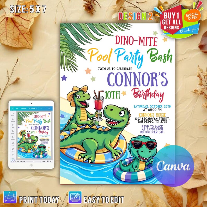Editable Dinosaur Pool Party Invitation Dinosaur Pool Birthday Party ...