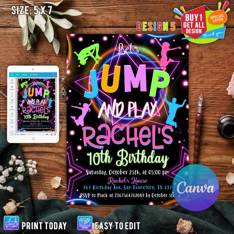 Editable Jump Birthday Party Invitation Tie Dye Jump Birthday Party ...