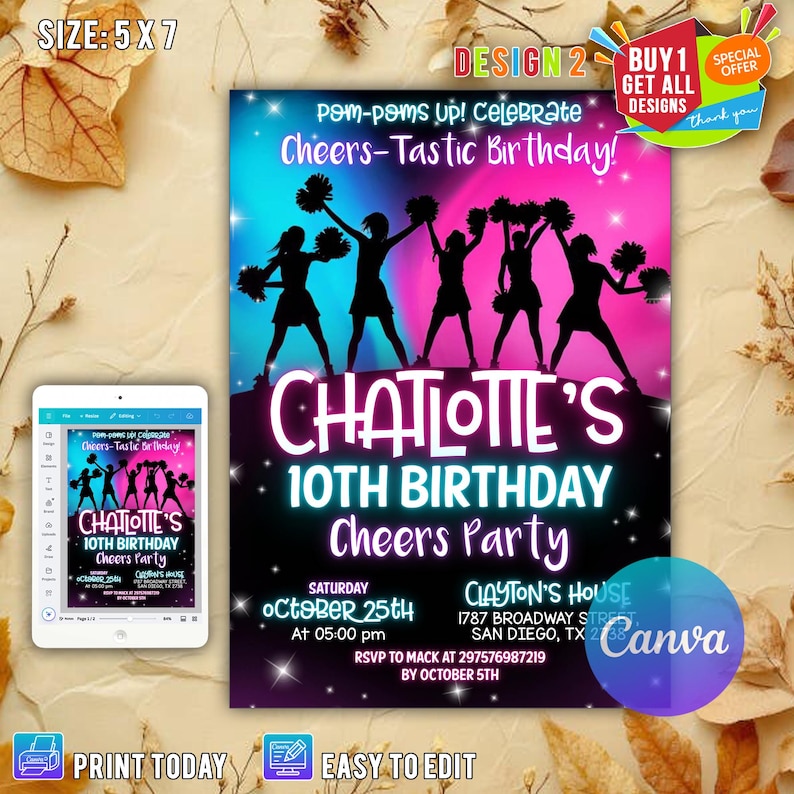 Cheerleader Invitation, Cheerleader Birthday Invitation, EDITABLE Cheer ...
