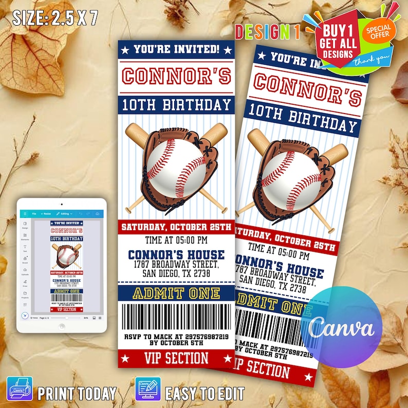 Editable Baseball Ticket Birthday Invitation, Sports Party Invite, Boy ...