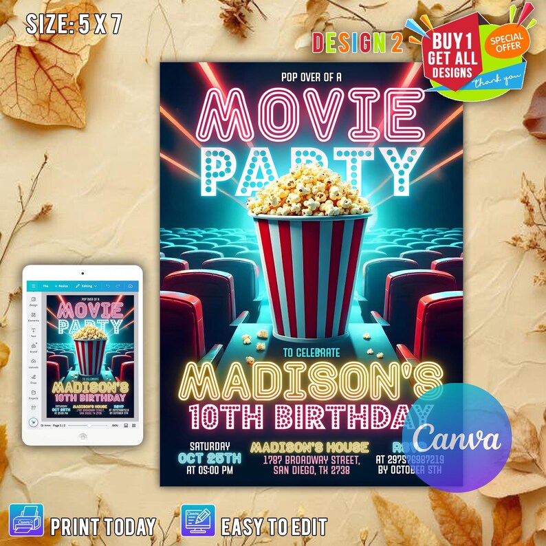 Editable Movie Birthday Invitation, Printable Birthday Party ...
