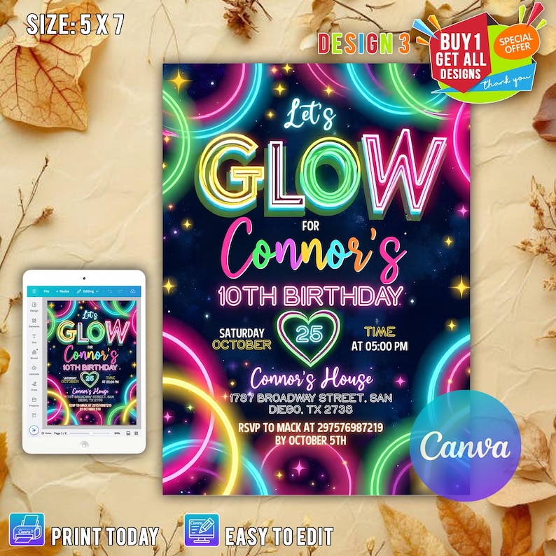 Editable Glow Party Birthday Invitation, Glow Invitation, Girl, Boy ...