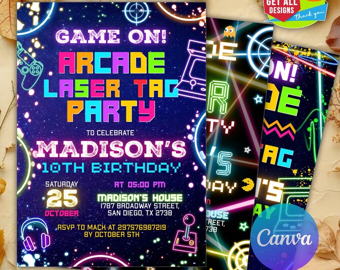 Editable Laser Tag Party Birthday Invitation Animals Neon Glow Arcade ...