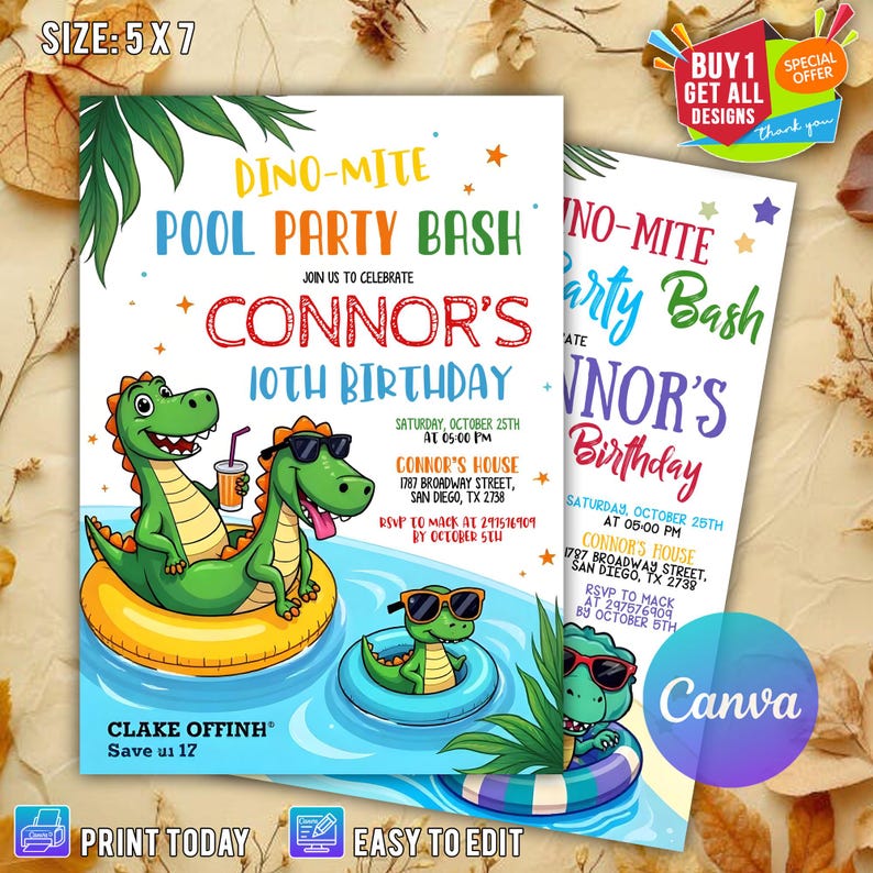 Editable Dinosaur Pool Party Invitation Dinosaur Pool Birthday Party ...