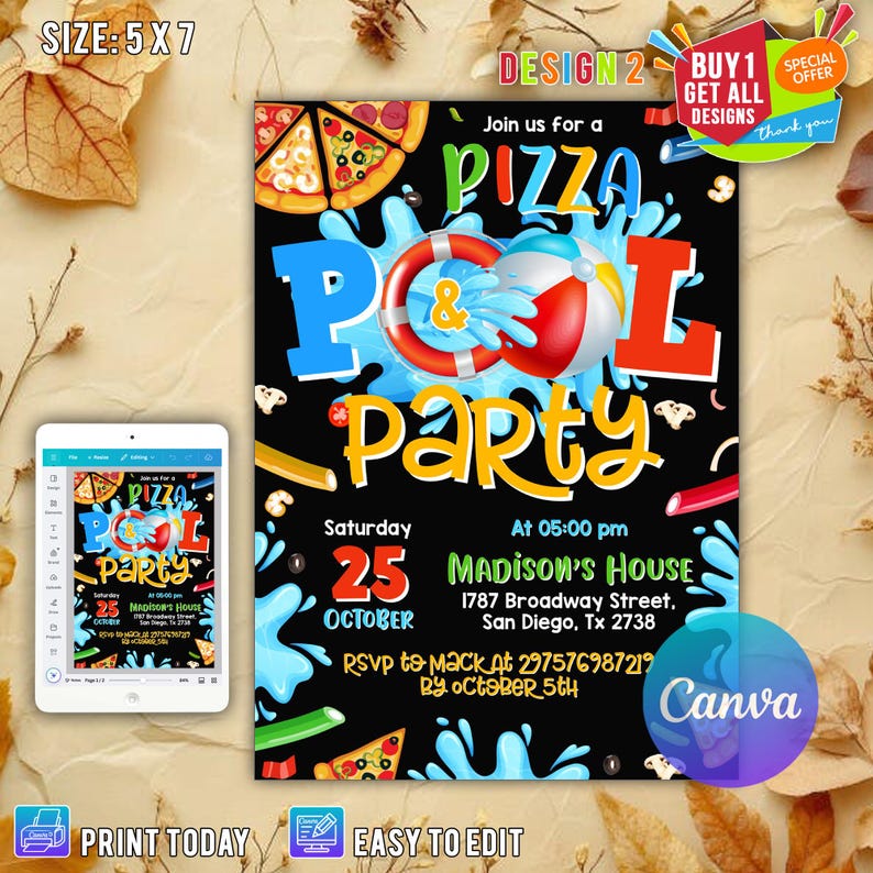 Editable Pizza and Pool Party Birthday Invitation, Pizza Pool Party ...