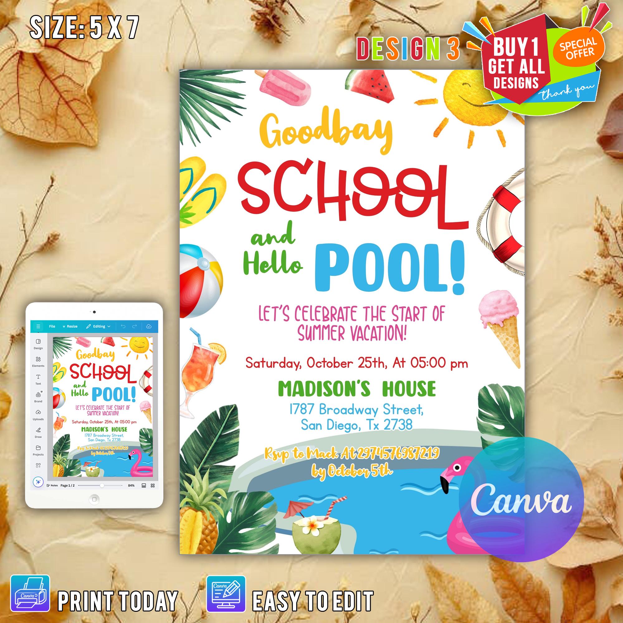 Goodbye School Hello Pool Invitation Template, Summer Printable End of ...