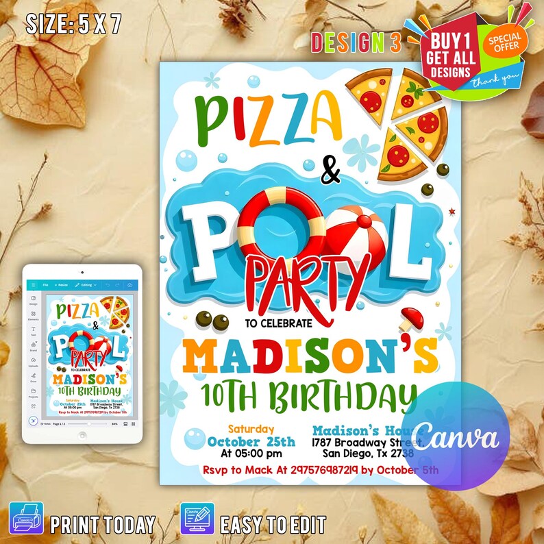 Pizza Pool Party Invitation, Pizza and Pool Party Invite, Boy Pool ...