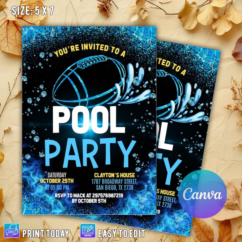 Editable Football Pool Party Invitation, Pool Birthday Invitation ...