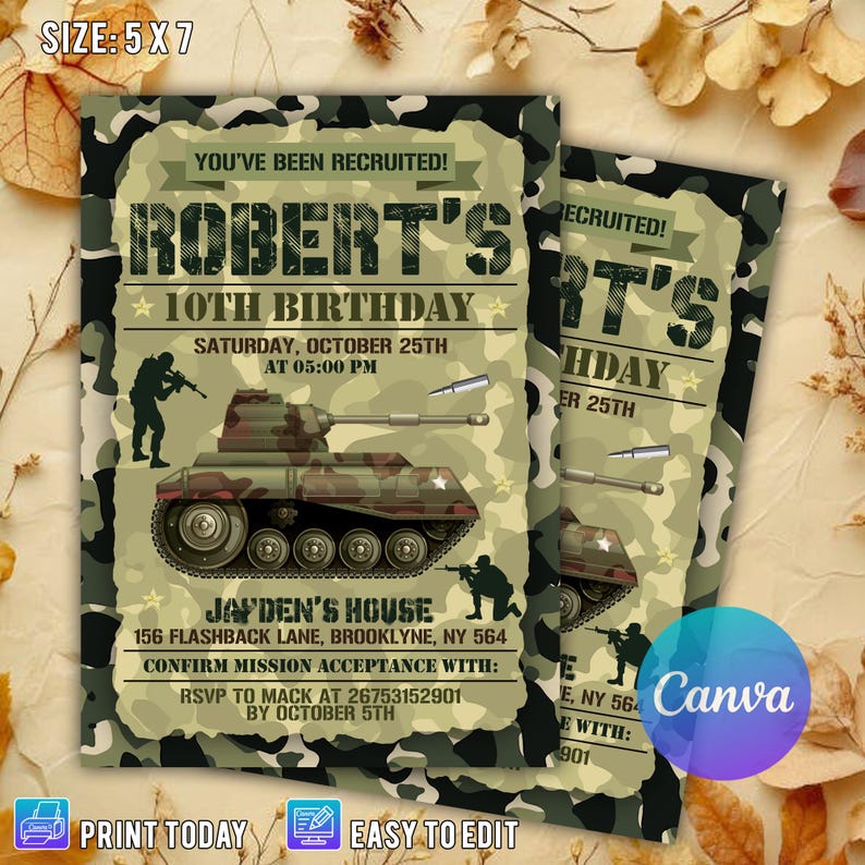 Editable Army Birthday Invitation, Military Party Invitations, Soldier ...