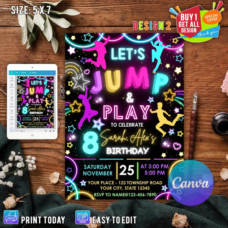 Editable Jump Birthday Party Invitation Tie Dye Jump Birthday Party ...