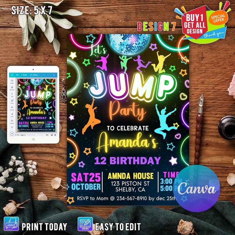 Editable Jump Birthday Party Invitation Tie Dye Jump Birthday Party ...