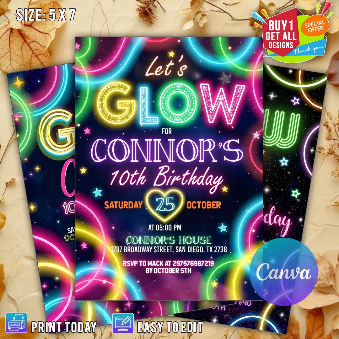 Editable Glow Party Birthday Invitation, Glow Invitation, Girl, Boy ...