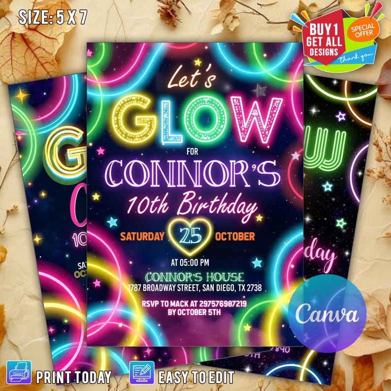 Editable Glow Party Birthday Invitation, Glow Invitation, Girl, Boy ...
