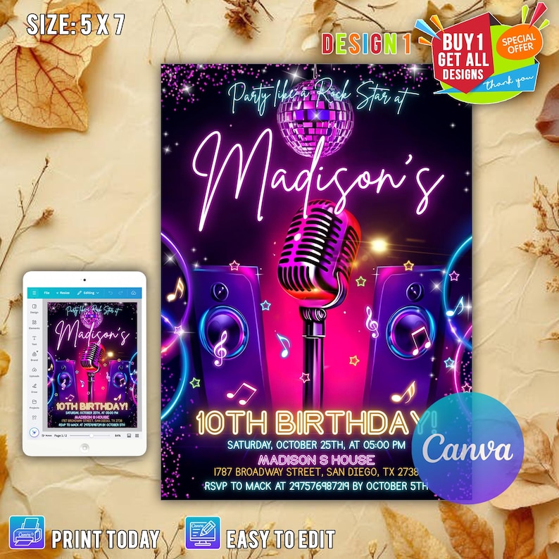 Karaoke Birthday Party Invitataion, Neon Singing Music Party Invite ...
