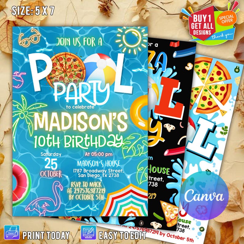 Editable Pizza and Pool Party Birthday Invitation, Pizza Pool Party ...