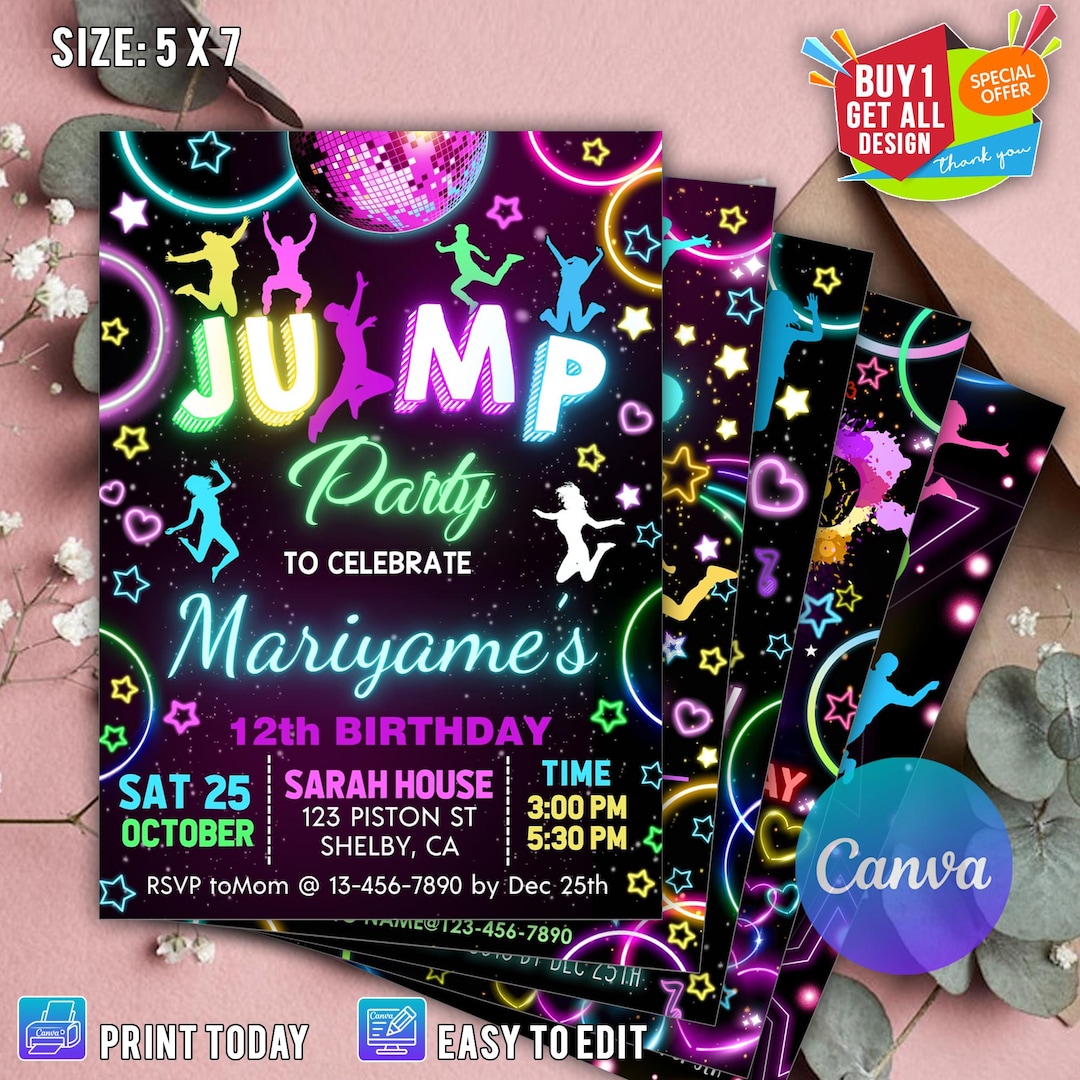 Editable Jump Birthday Party Invitation Tie Dye Jump Birthday Party ...