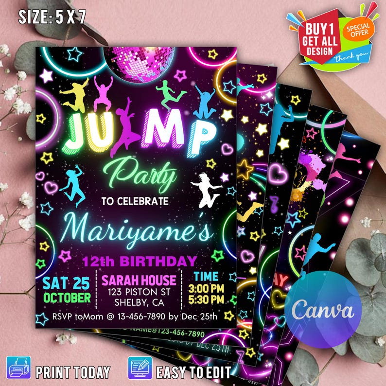 Editable Jump Birthday Party Invitation Tie Dye Jump Birthday Party ...