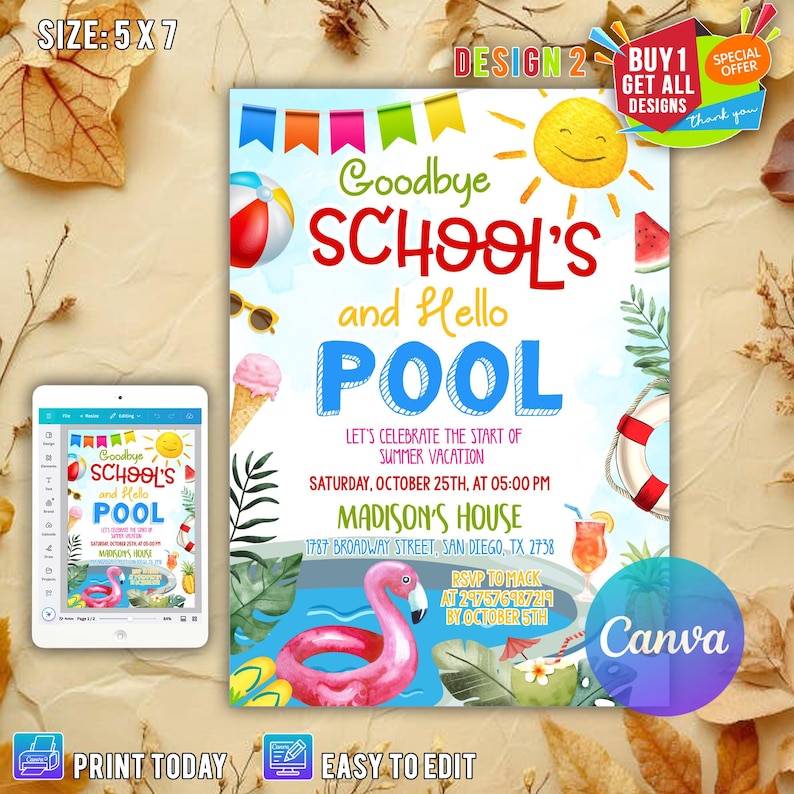 Goodbye School Hello Pool Invitation Template, Summer Printable End of ...