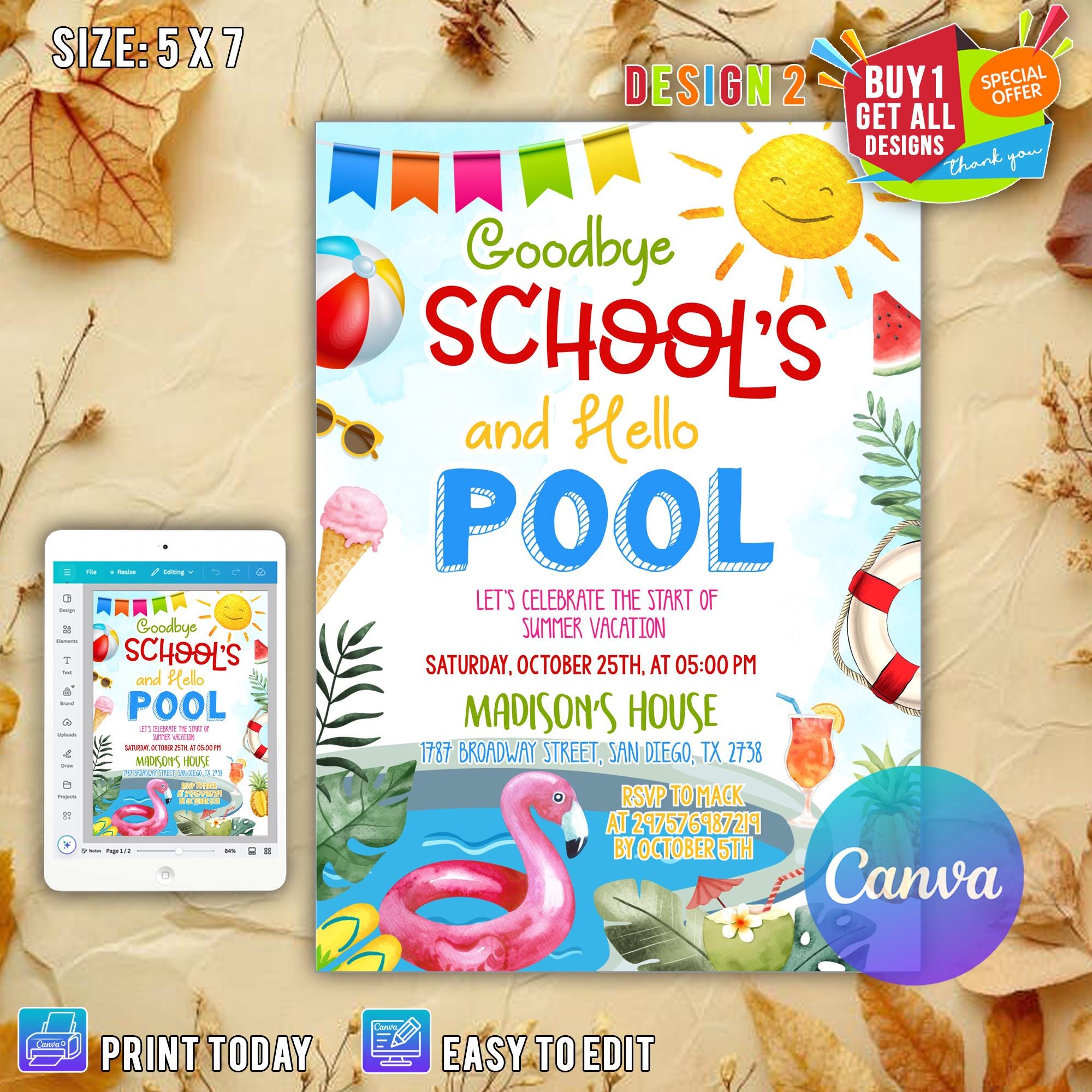 Goodbye School Hello Pool Invitation Template, Summer Printable End of ...