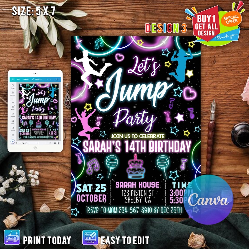 Editable Jump Birthday Party Invitation Tie Dye Jump Birthday Party ...