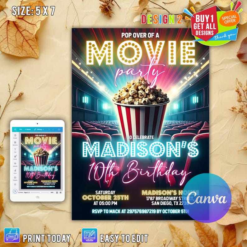 Editable Movie Birthday Invitation, Printable Birthday Party ...