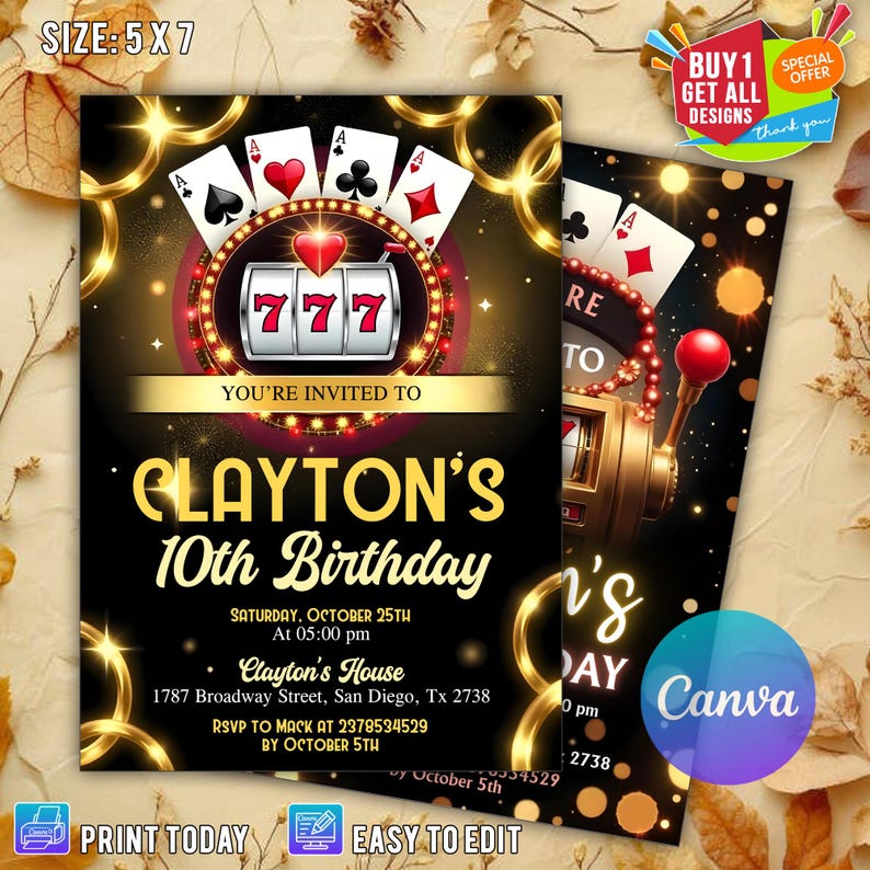 Editable Casino Birthday Invitation, 21st 30th 40th 50th Poker Birthday ...