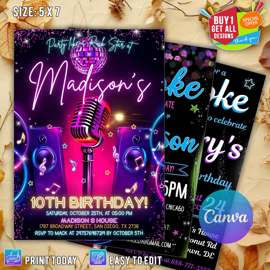 Karaoke Birthday Party Invitataion, Neon Singing Music Party Invite ...