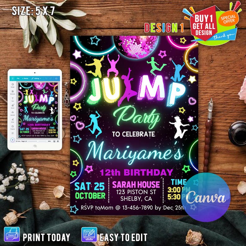 Editable Jump Birthday Party Invitation Tie Dye Jump Birthday Party ...