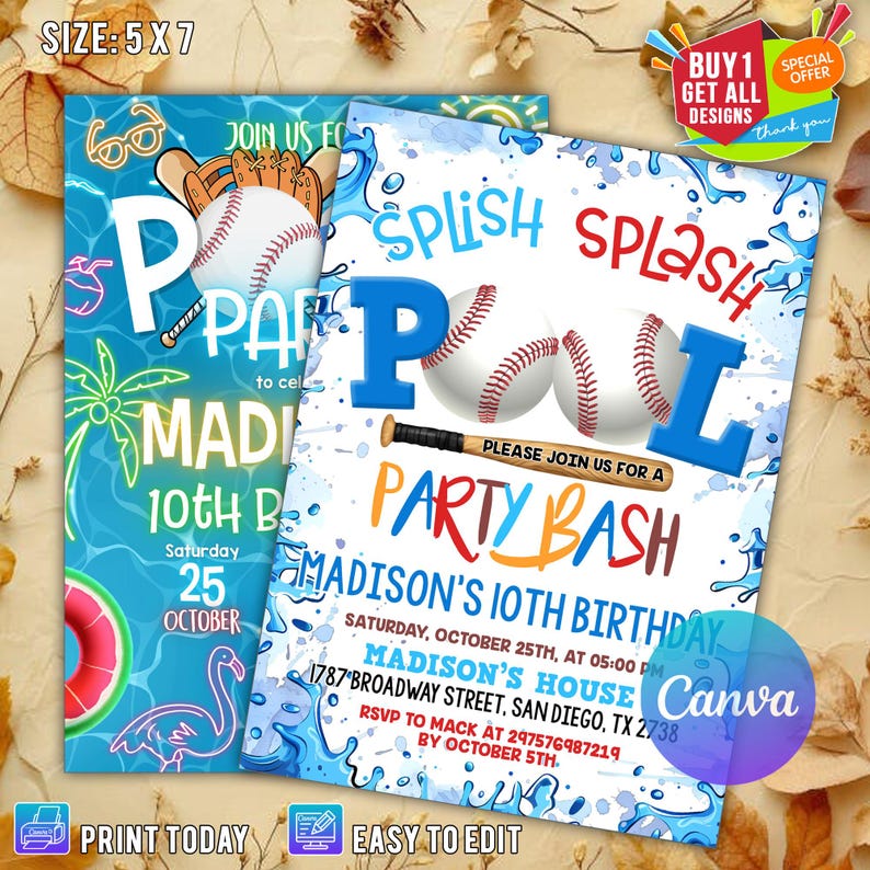 Editable Baseball Pool Birthday Party Invitation, Sport Birthday Party ...