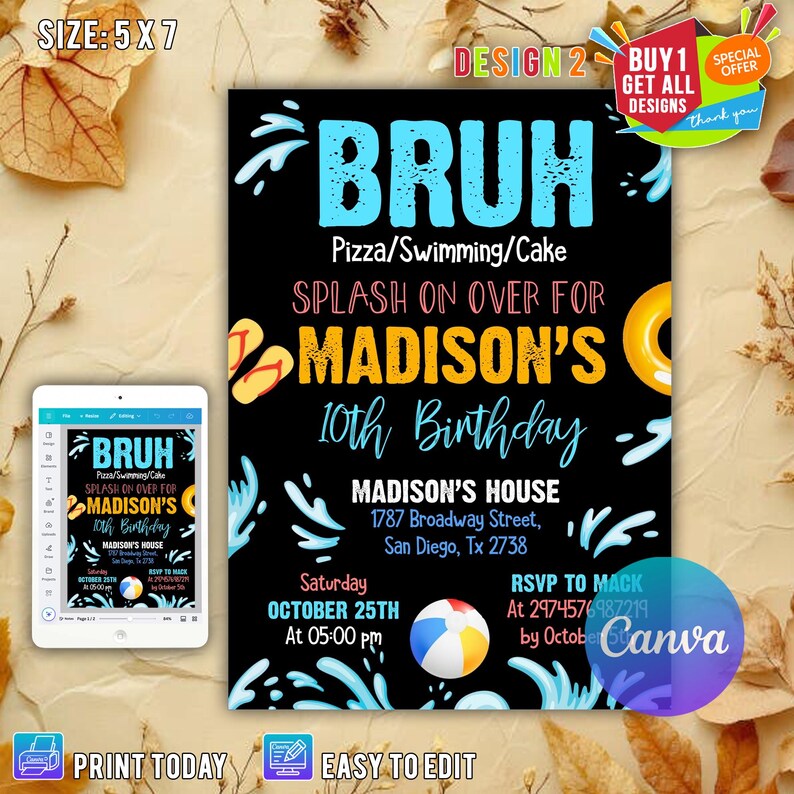 Editable Bruh Neon Birthday Invitation, Boy Pool Birthday Party ...