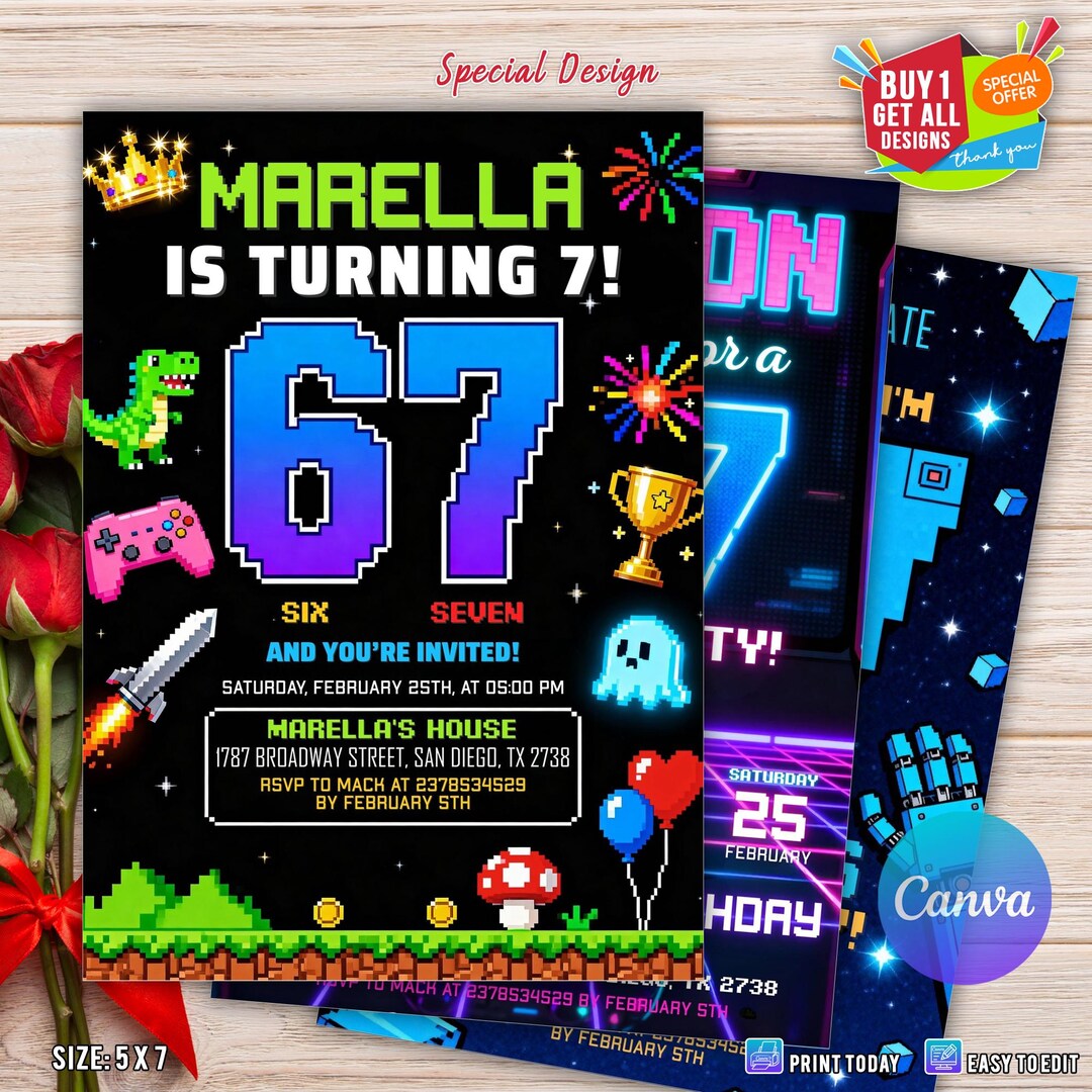 Six Seven Video Game Birthday Party Invitation, 6 7 Meme, Meme Birthday ...