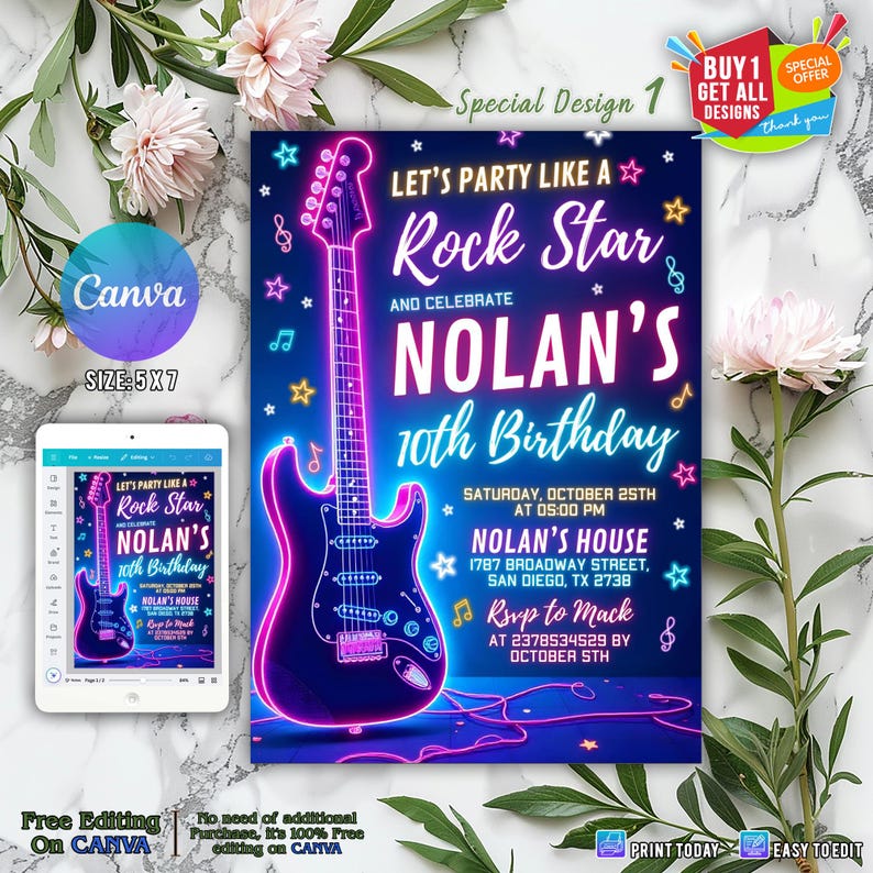 Editable Rock Star Birthday Party Invitation, Party Like A Rockstar ...