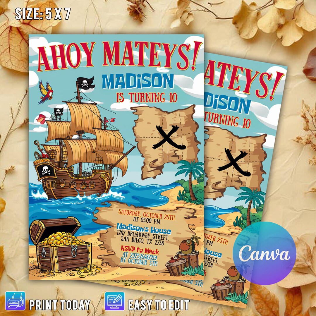 Pirate Invitation, Editable Ahoy Mateys Pirate Birthday Invitation ...
