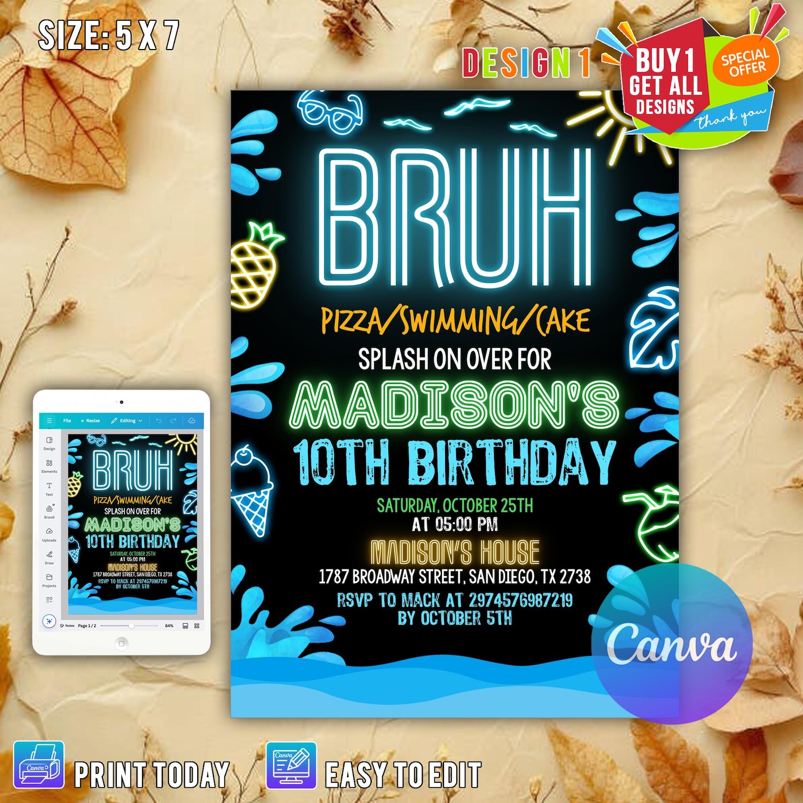 Editable Bruh Neon Birthday Invitation, Boy Pool Birthday Party ...