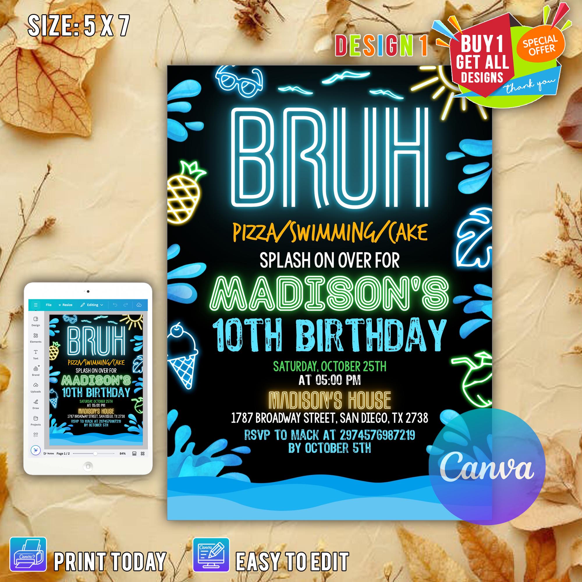 Editable Bruh Neon Birthday Invitation, Boy Pool Birthday Party ...