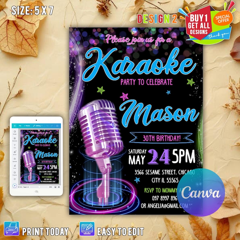 Karaoke Birthday Party Invitataion, Neon Singing Music Party Invite ...