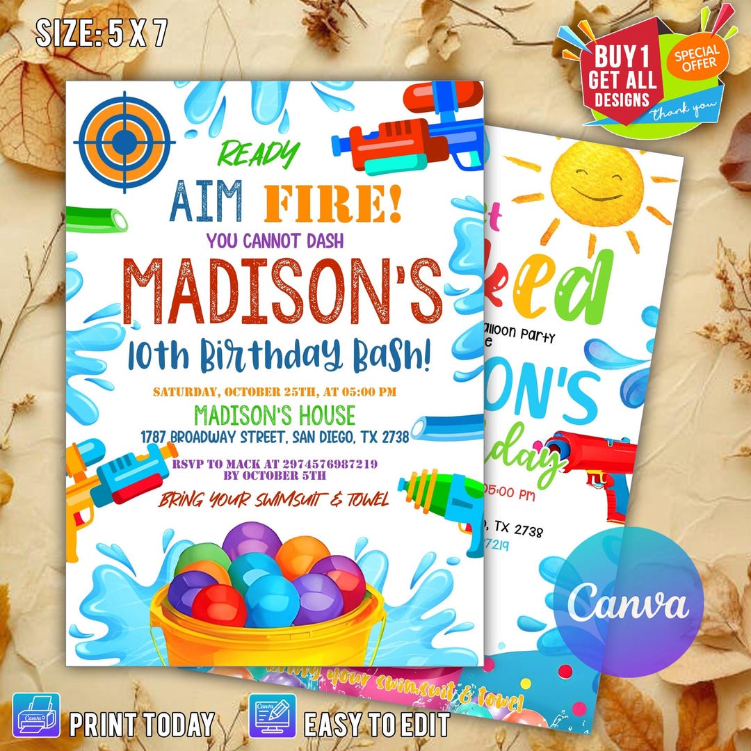 Editable Water Gun Birthday Invitation, Water Gun Invitation, Splash ...
