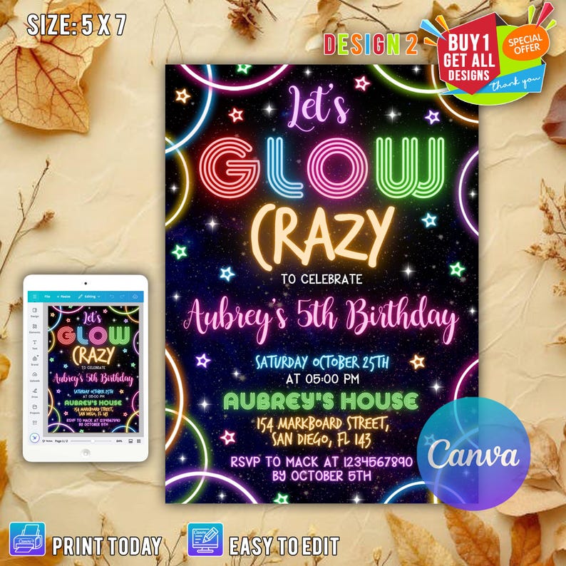 Editable Glow Party Birthday Invitation, Glow Invitation, Girl, Boy ...