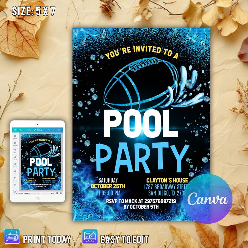 Editable Football Pool Party Invitation, Pool Birthday Invitation ...