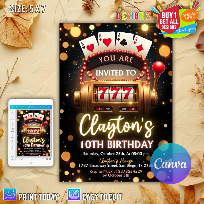 Editable Casino Birthday Invitation, 21st 30th 40th 50th Poker Birthday ...