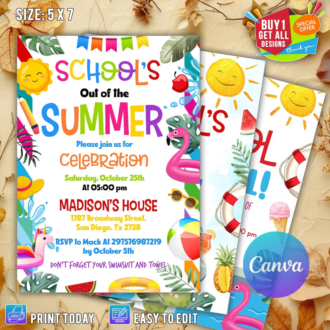 Goodbye School Hello Pool Invitation Template, Summer Printable End of ...