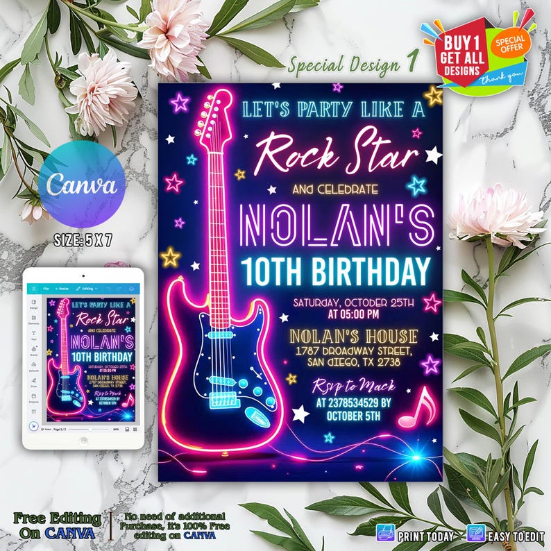 Editable Rock Star Birthday Party Invitation, Party Like A Rockstar ...