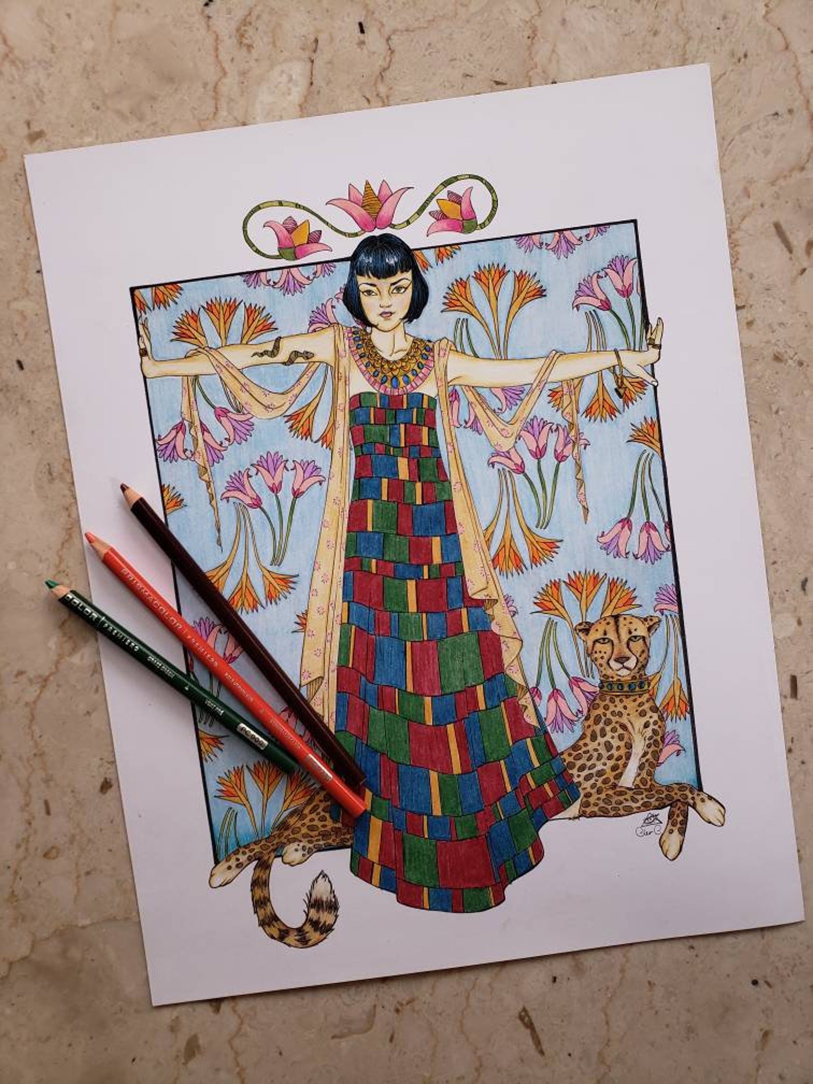 Downloadable Coloring Page, Cleopatra and Leopard, Intricate Coloring ...