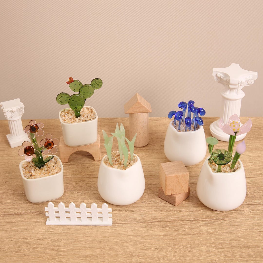 Hand-blown Glass Plant, Mini Ceramic Flower Pot, Desk Decor - Etsy