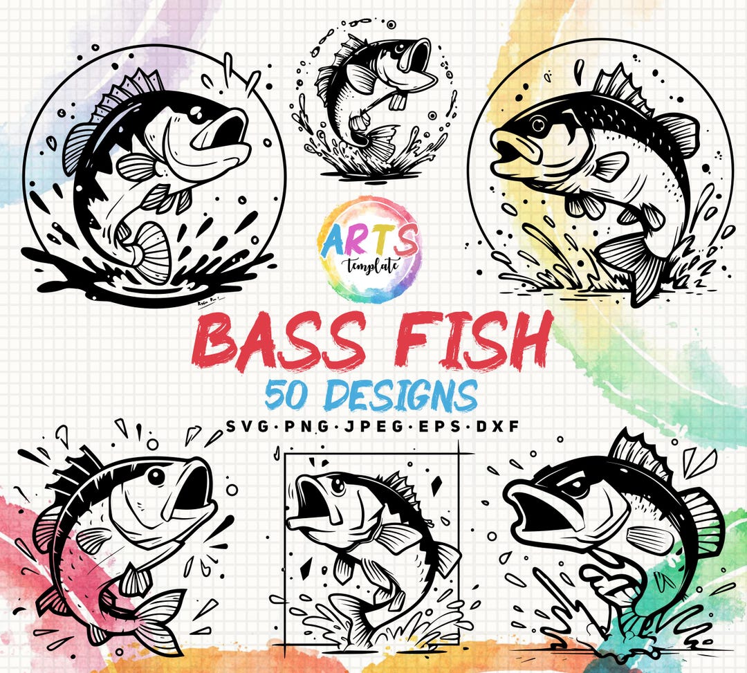 Bass Fish Art Template Svg Png Jpeg Eps Dxf Bundle Silhouette Clipart ...