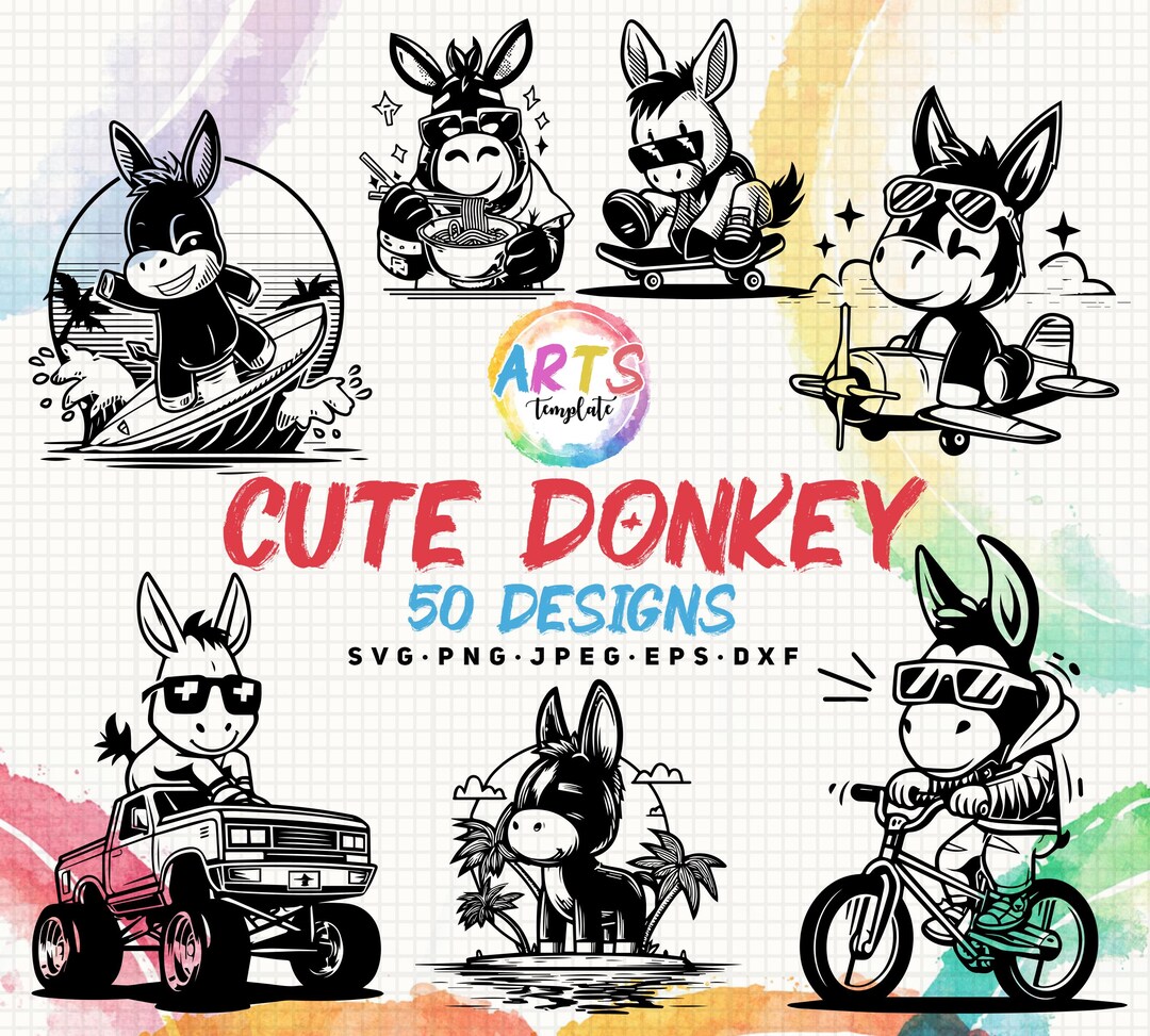 Cute Donkey Art Template Svg Png Dxf Bundle Silhouette Clipart Cricut ...