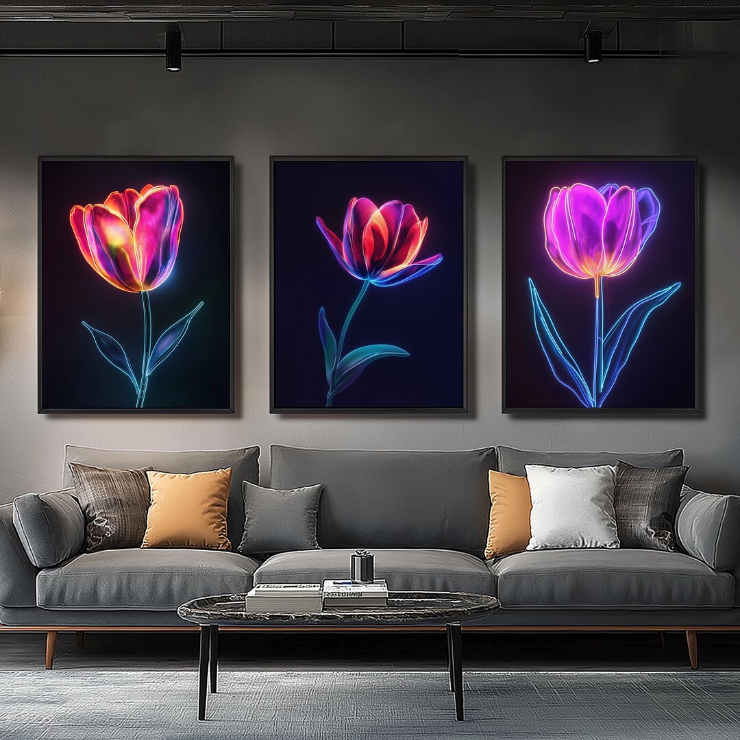 Tulip Flower Neon Wall Art Set of 3 Printable Instant Download Home ...